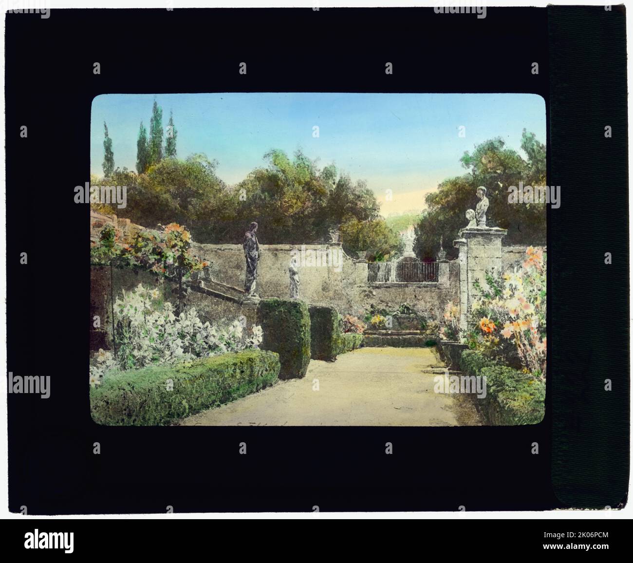 Reproduction of illustration showing a garden with statues, between ...