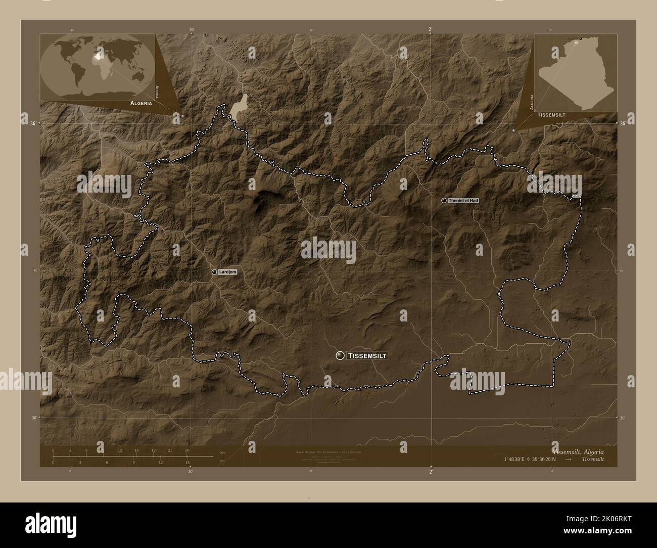 Tissemsilt, province of Algeria. Elevation map colored in sepia tones ...
