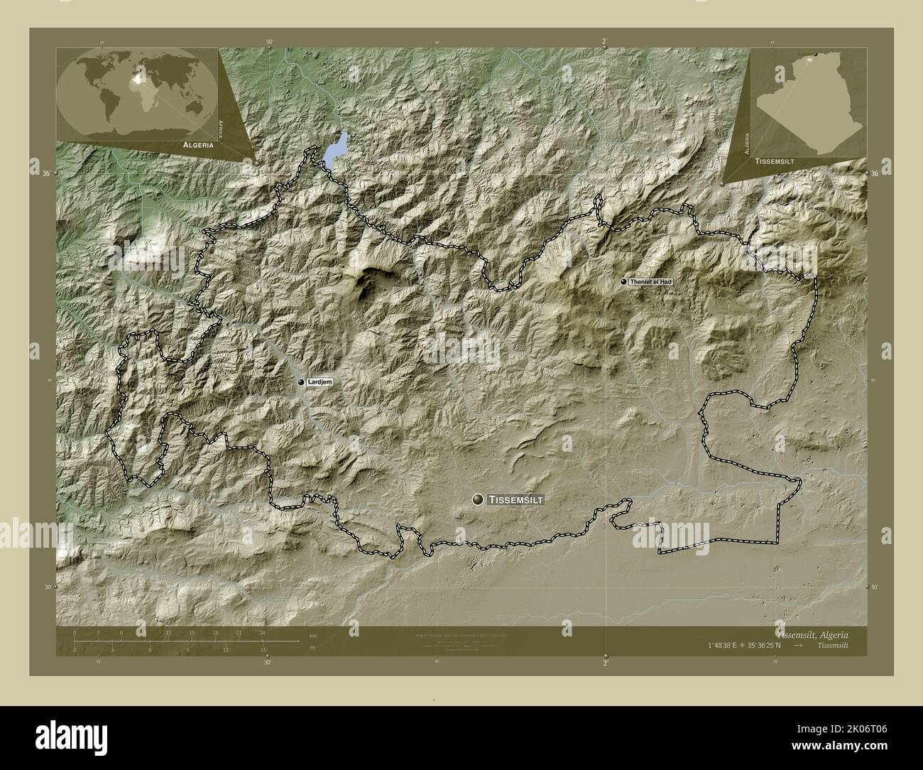 Tissemsilt, province of Algeria. Elevation map colored in wiki style ...