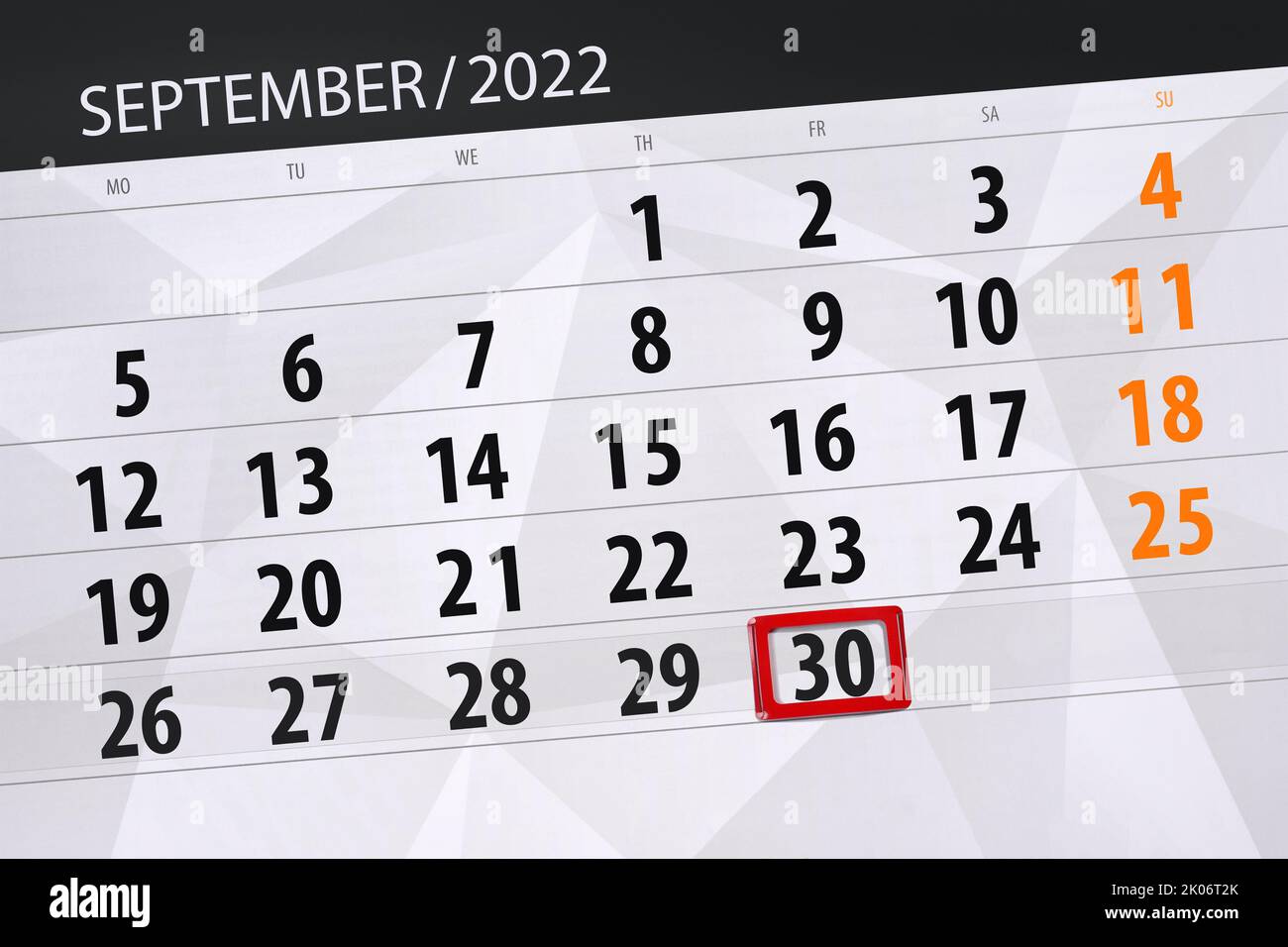 Calendar planner for the month september 2022, deadline day, 30, friday ...