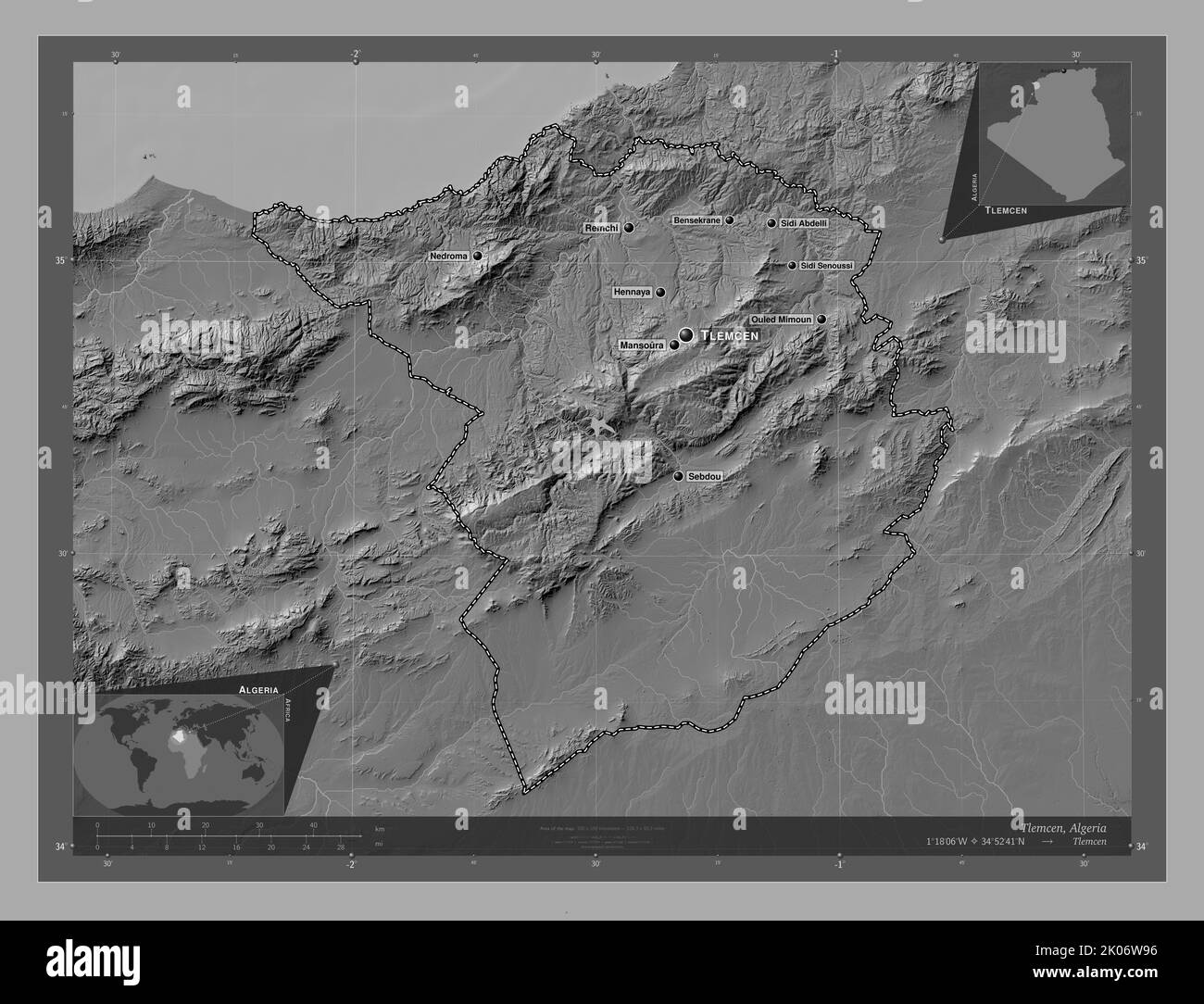 Tlemcen, province of Algeria. Bilevel elevation map with lakes and rivers. Locations and names ...