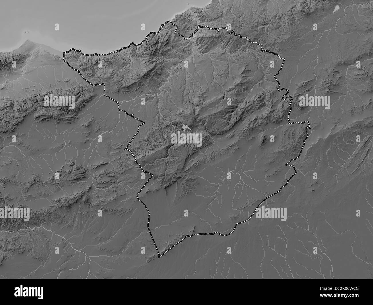 Tlemcen, province of Algeria. Grayscale elevation map with lakes and ...