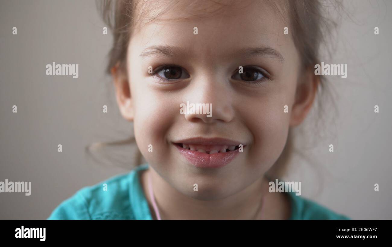 Portrait Funny Happy little kid close up happy preschool girl smiling ...