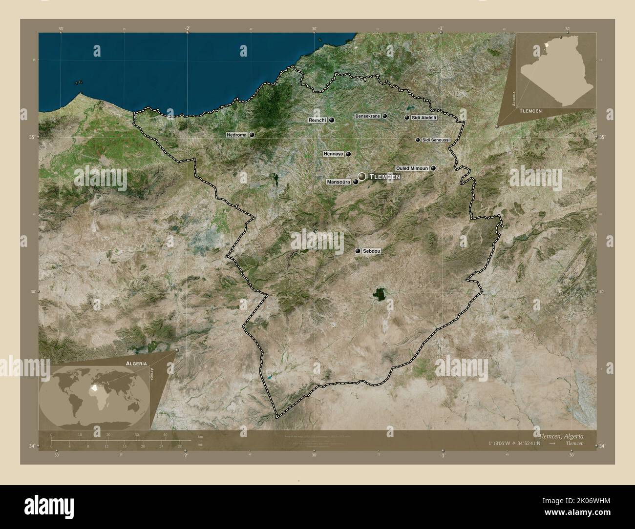 Tlemcen, province of Algeria. High resolution satellite map. Locations and names of major cities ...