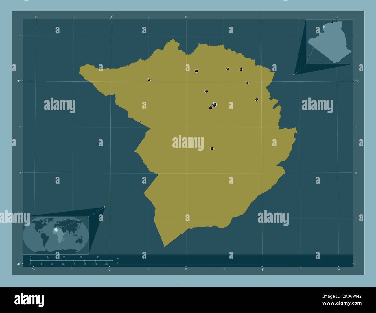 Tlemcen, province of Algeria. Solid color shape. Locations of major ...