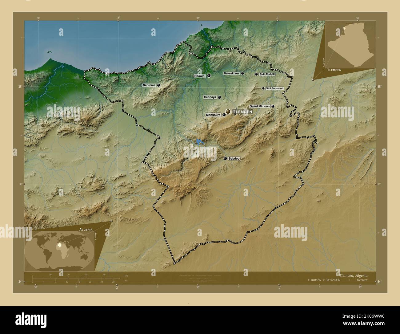 Tlemcen, province of Algeria. Colored elevation map with lakes and ...