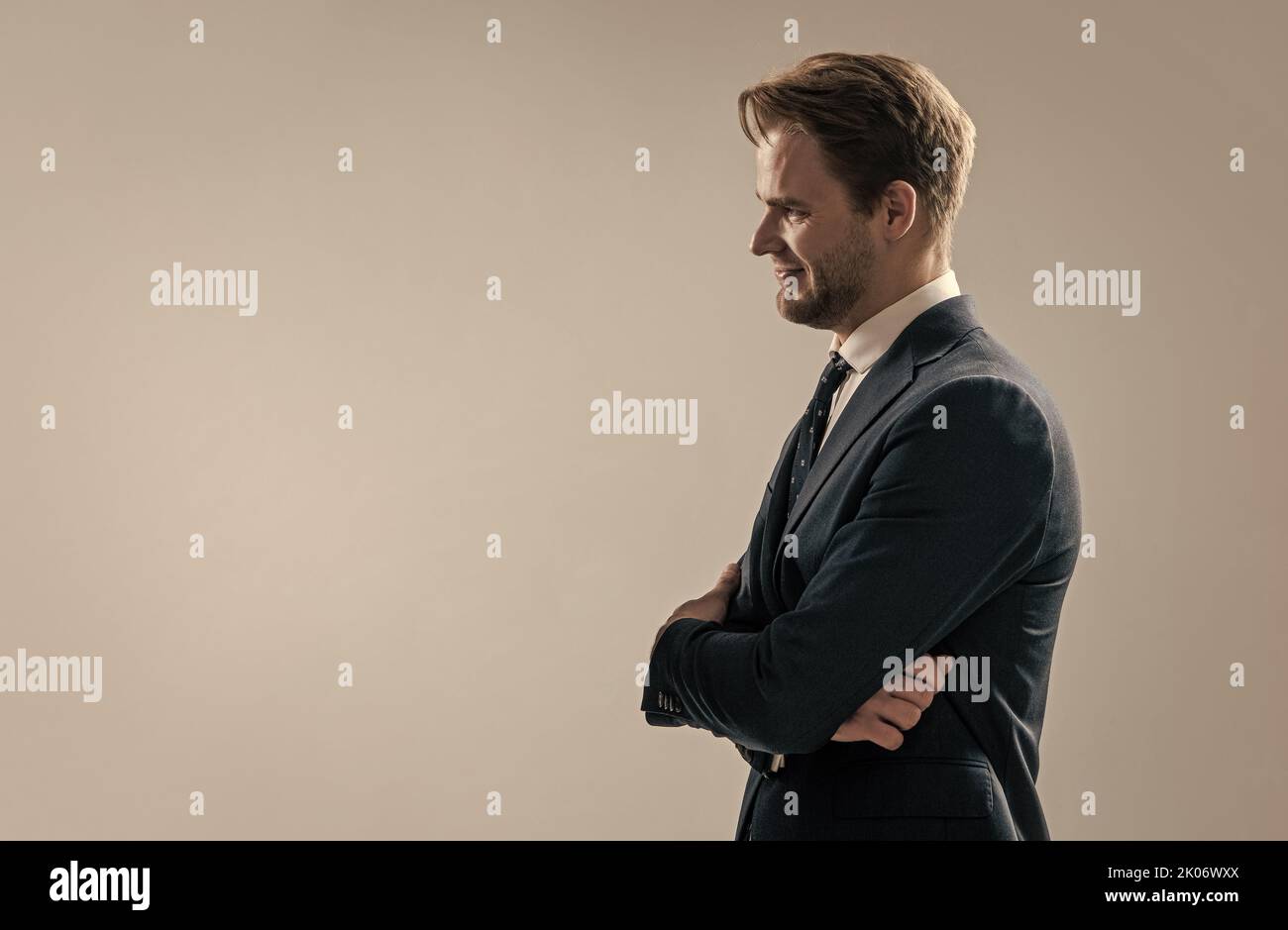 Being a confident boss. Confident ceo grey background. Man keep arms ...