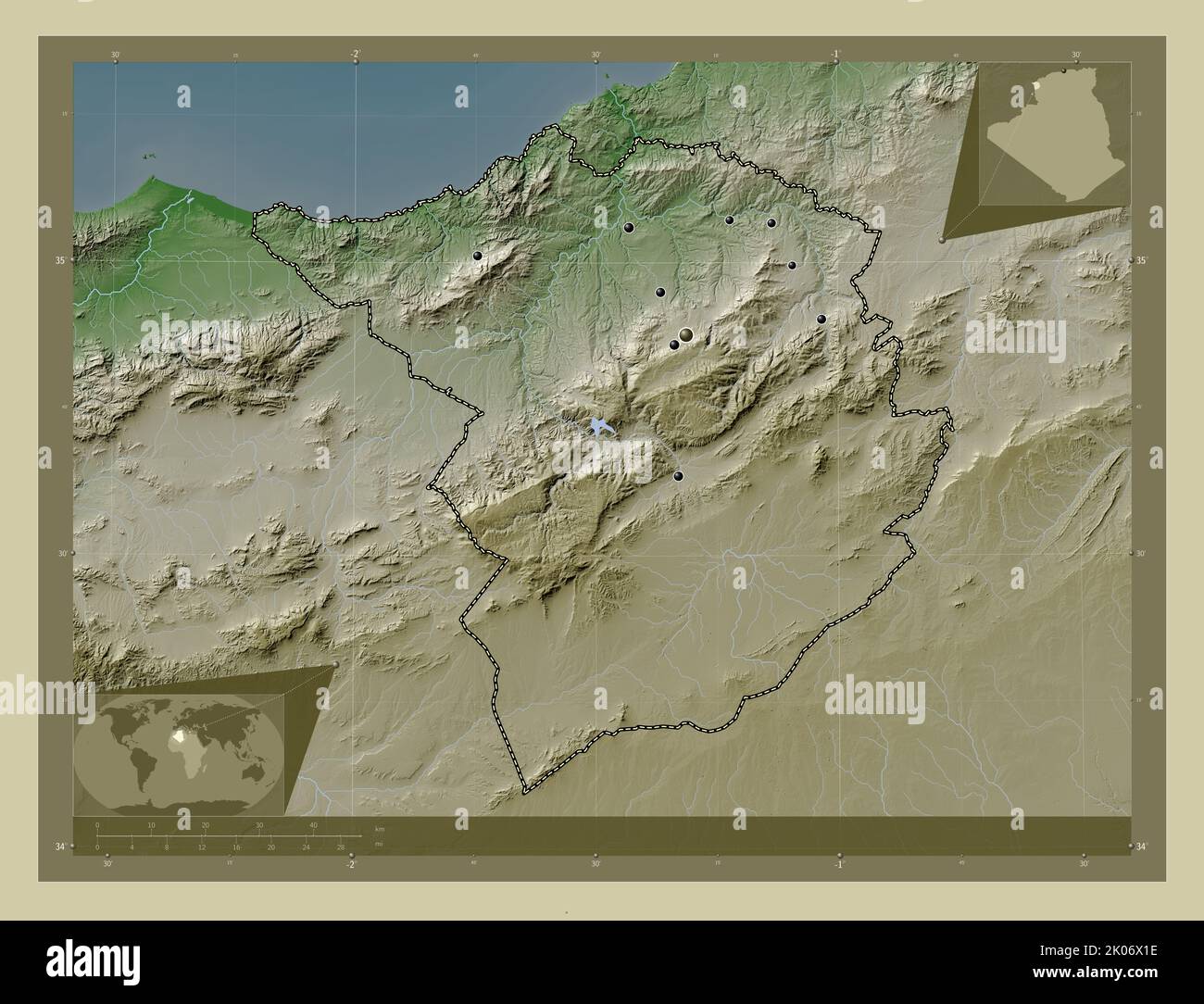 Tlemcen, province of Algeria. Elevation map colored in wiki style with ...