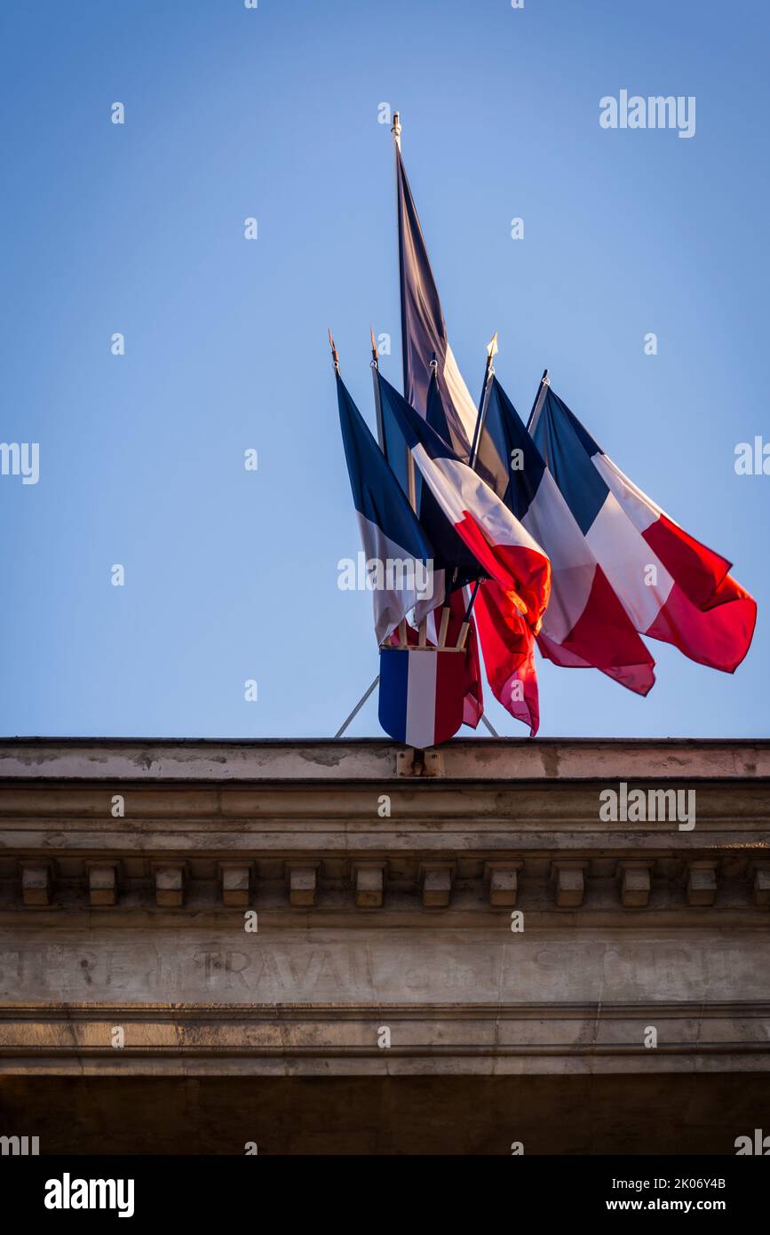 Building with colourful French flags, 7th arrondissement, Paris, France ...