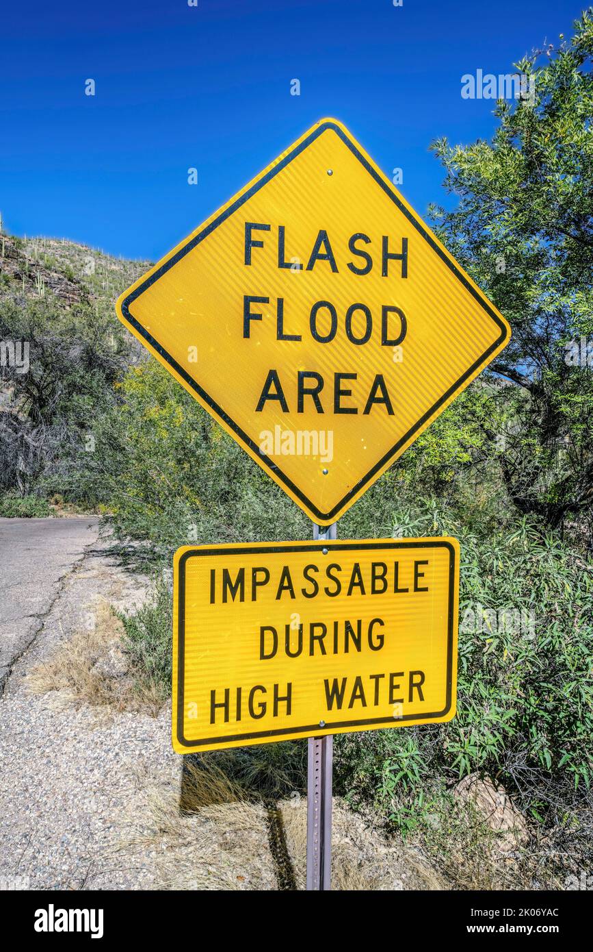 Signage Warning At A Flash Flood Area Along A Hiking Trail In Sabino