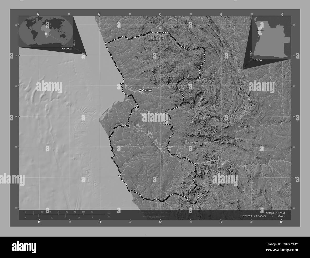 Bengo, province of Angola. Bilevel elevation map with lakes and rivers ...