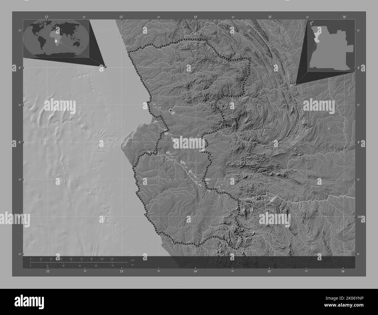 Bengo, province of Angola. Bilevel elevation map with lakes and rivers ...