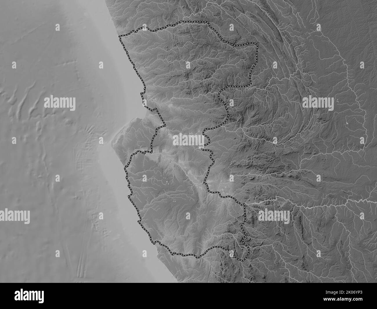Bengo, province of Angola. Grayscale elevation map with lakes and ...