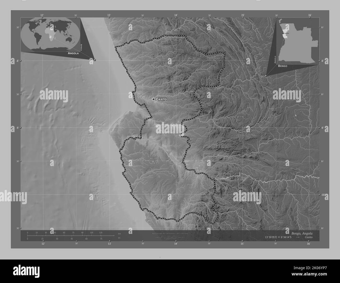Bengo, province of Angola. Grayscale elevation map with lakes and ...