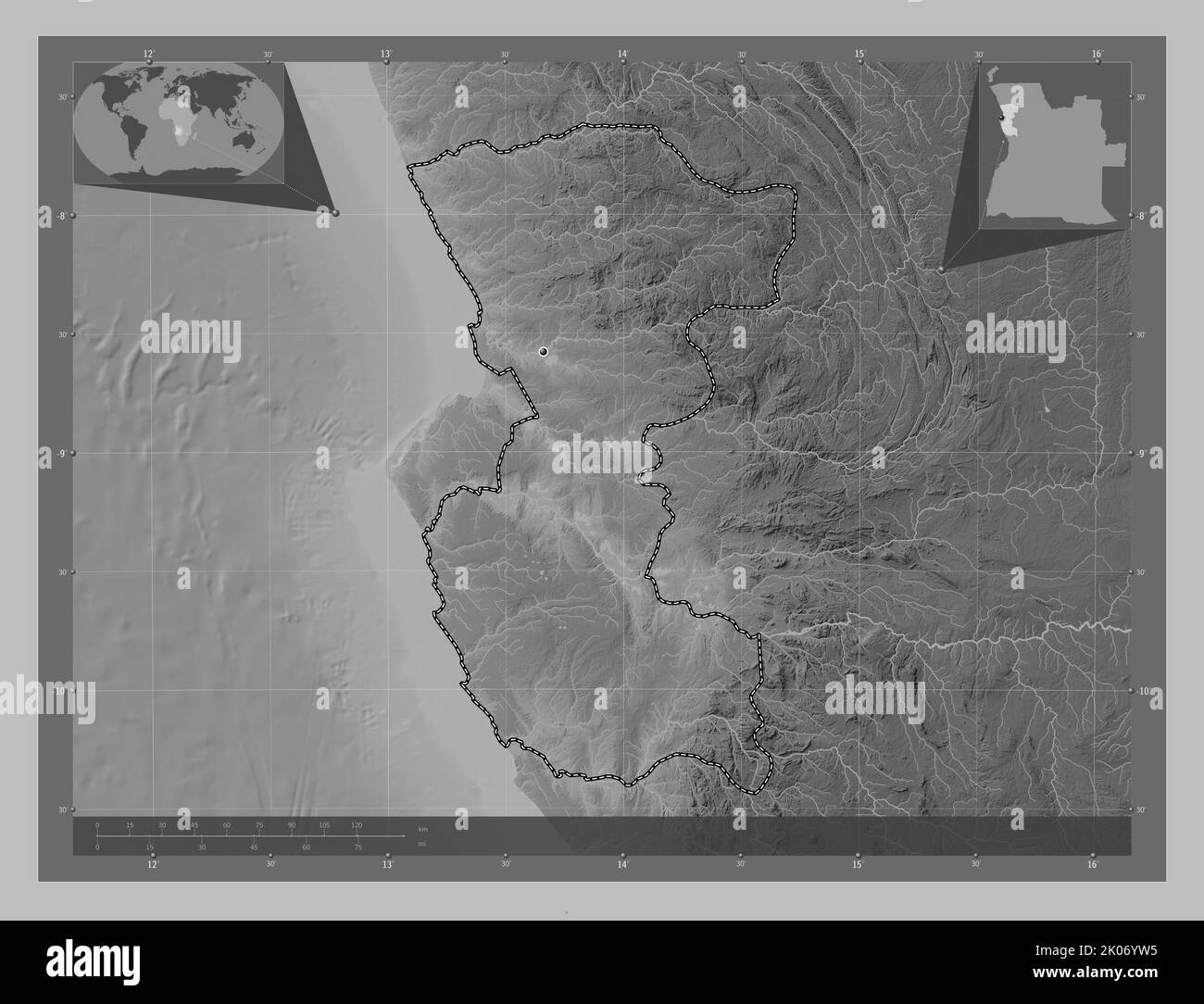 Bengo, province of Angola. Grayscale elevation map with lakes and ...