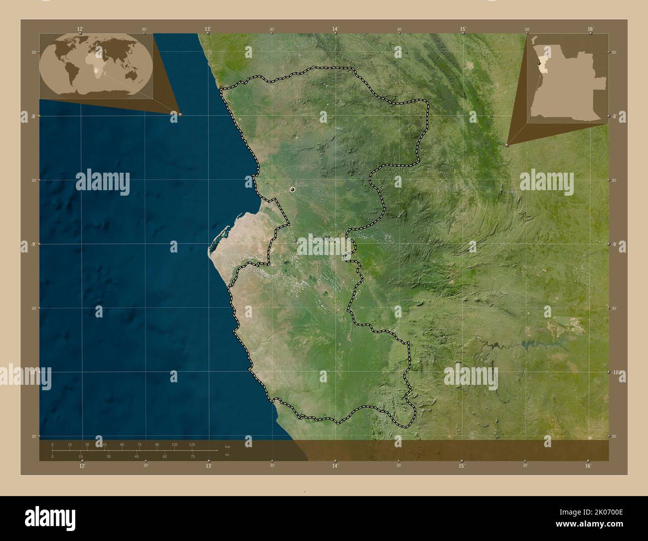 Bengo, province of Angola. Low resolution satellite map. Locations of ...