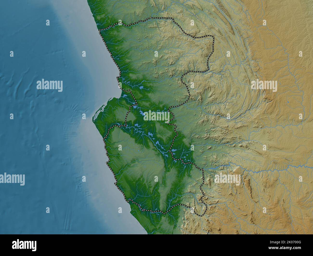 Bengo, province of Angola. Colored elevation map with lakes and rivers ...