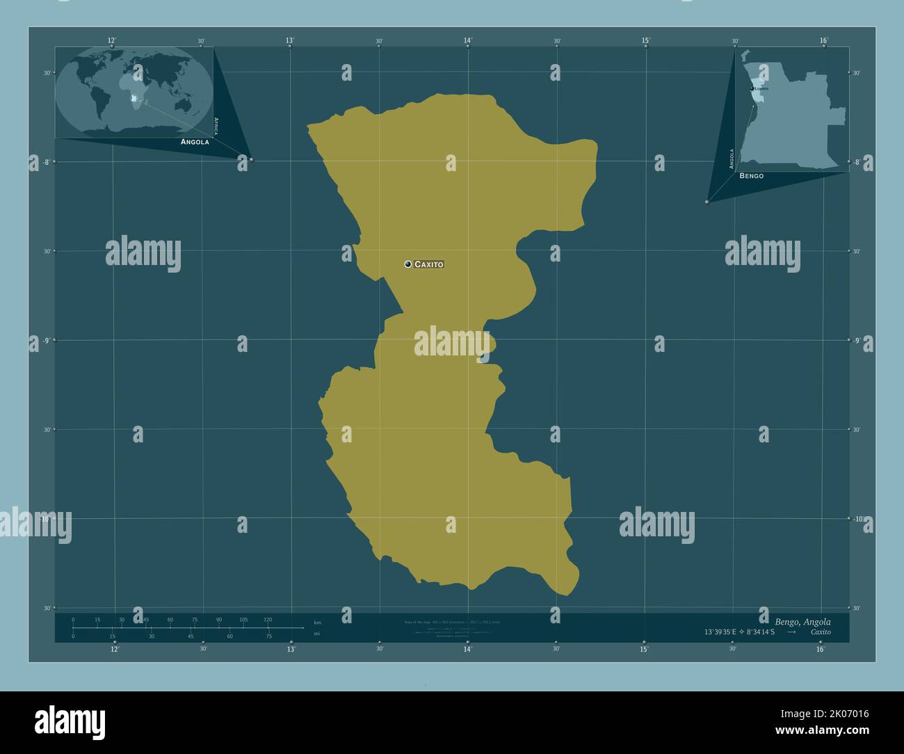 Bengo, province of Angola. Solid color shape. Locations and names of ...