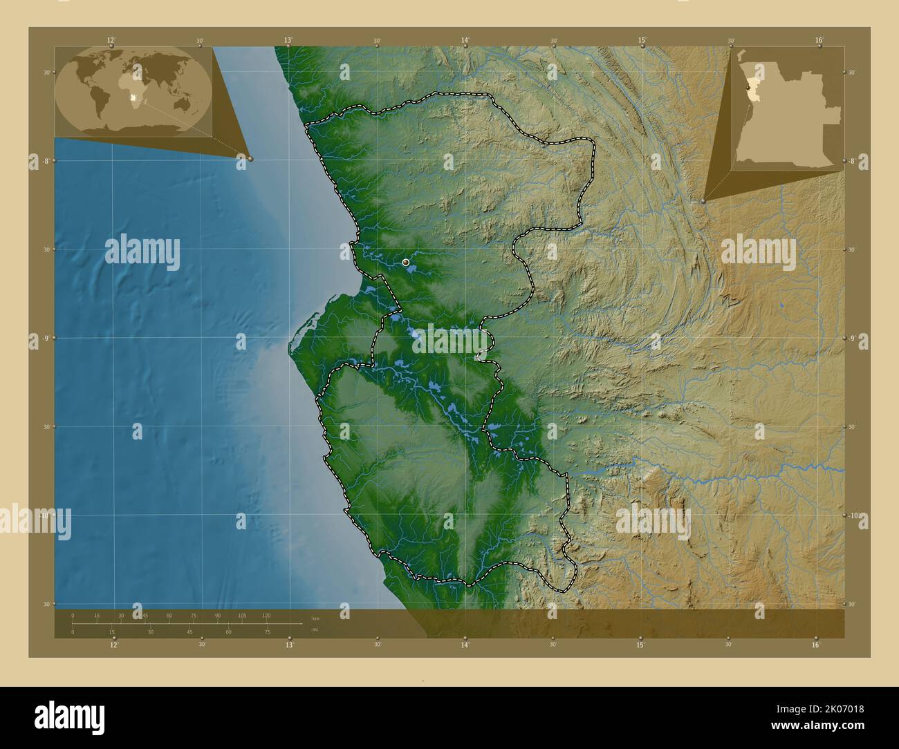 Bengo, province of Angola. Colored elevation map with lakes and rivers ...
