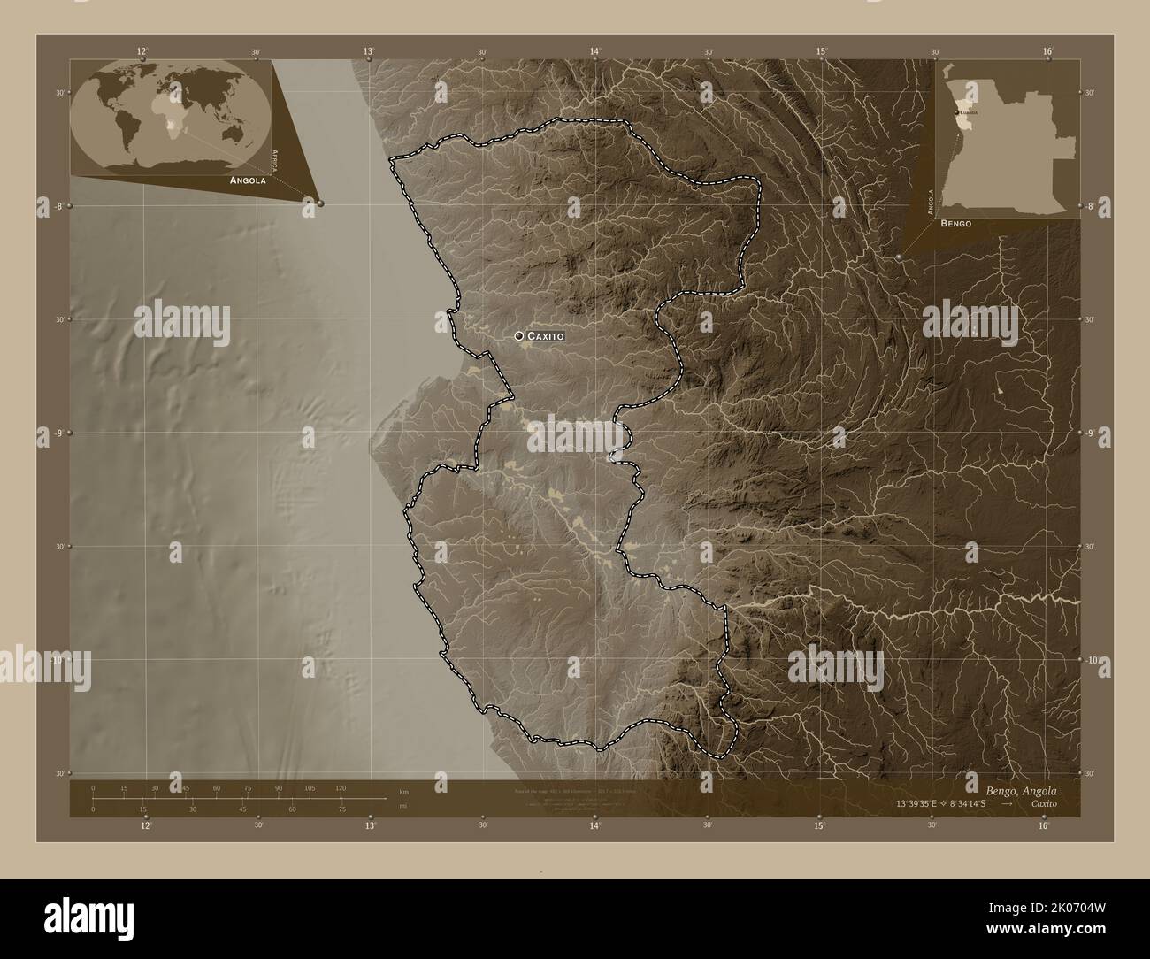 Bengo, province of Angola. Elevation map colored in sepia tones with lakes and rivers. Locations ...
