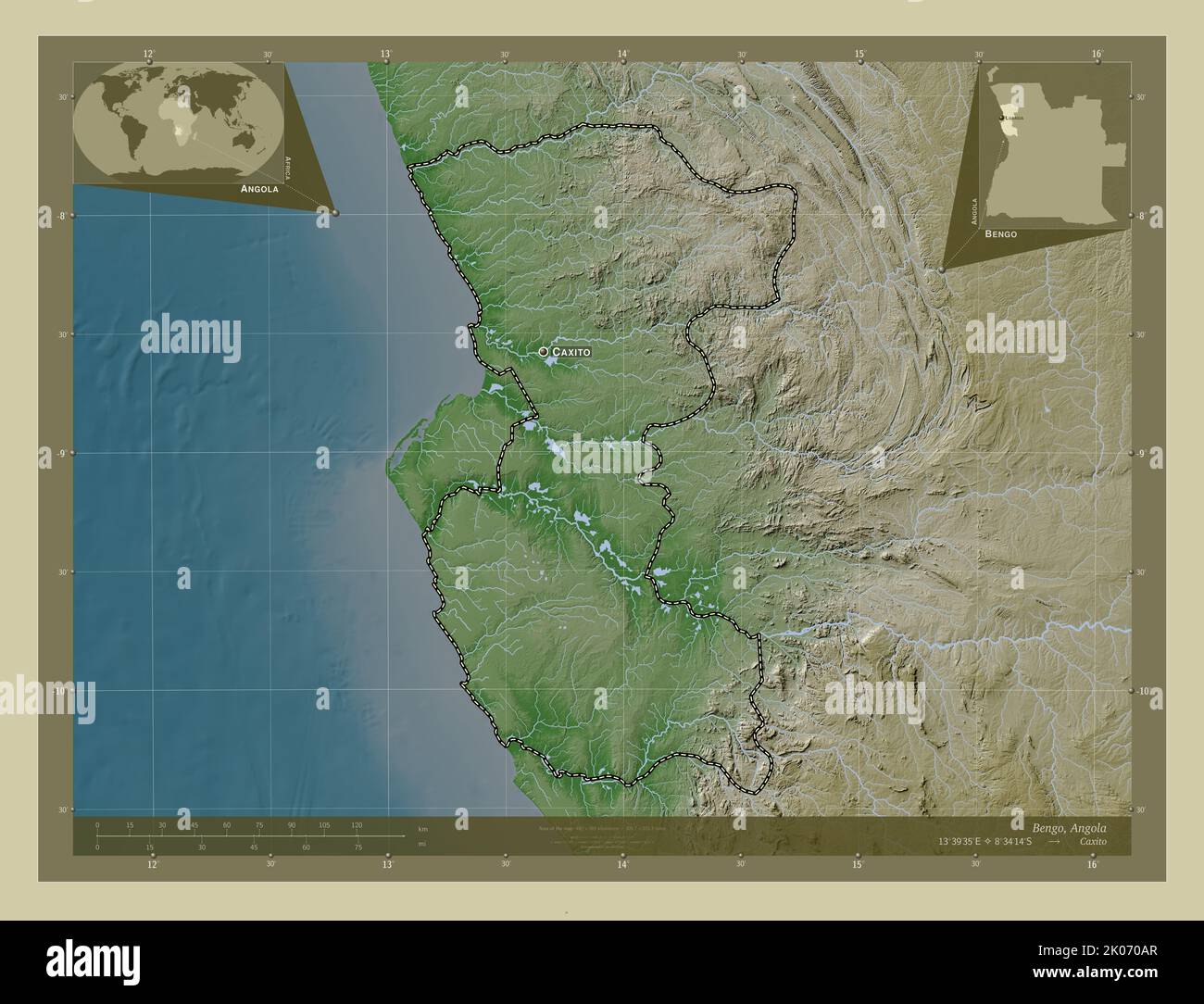 Bengo, province of Angola. Elevation map colored in wiki style with ...