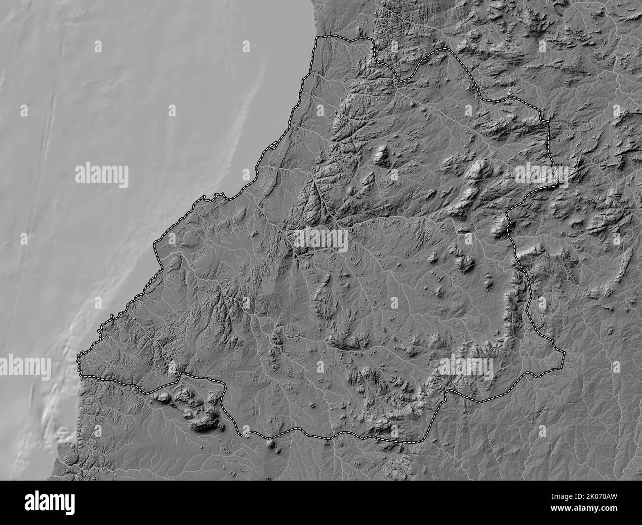 Benguela, province of Angola. Bilevel elevation map with lakes and ...