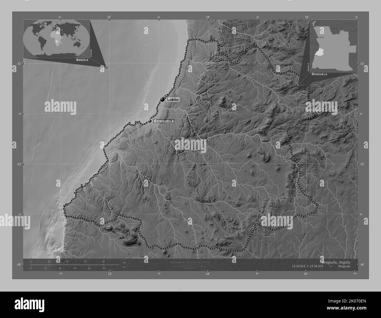 Benguela, province of Angola. Grayscale elevation map with lakes and ...