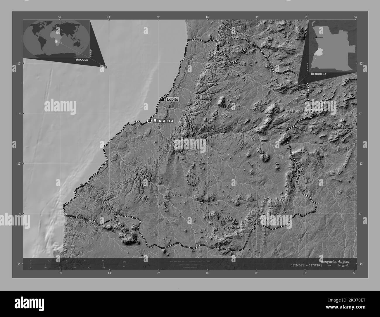 Benguela, province of Angola. Bilevel elevation map with lakes and ...