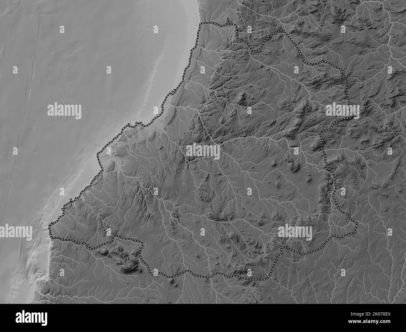 Benguela, province of Angola. Grayscale elevation map with lakes and ...