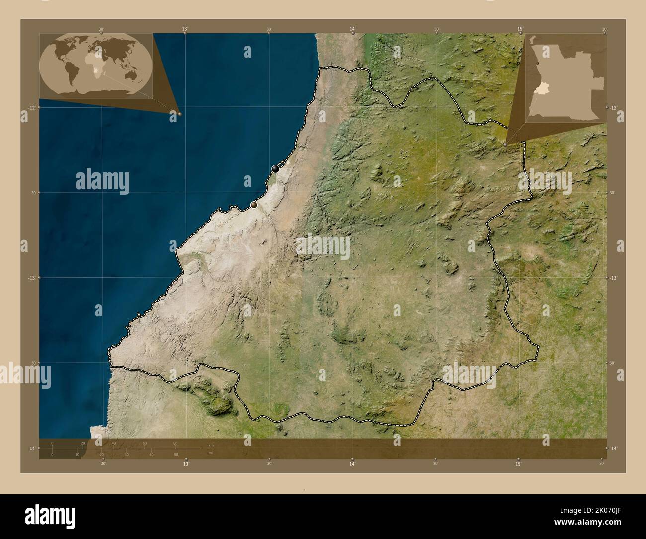 Benguela, province of Angola. Low resolution satellite map. Locations ...