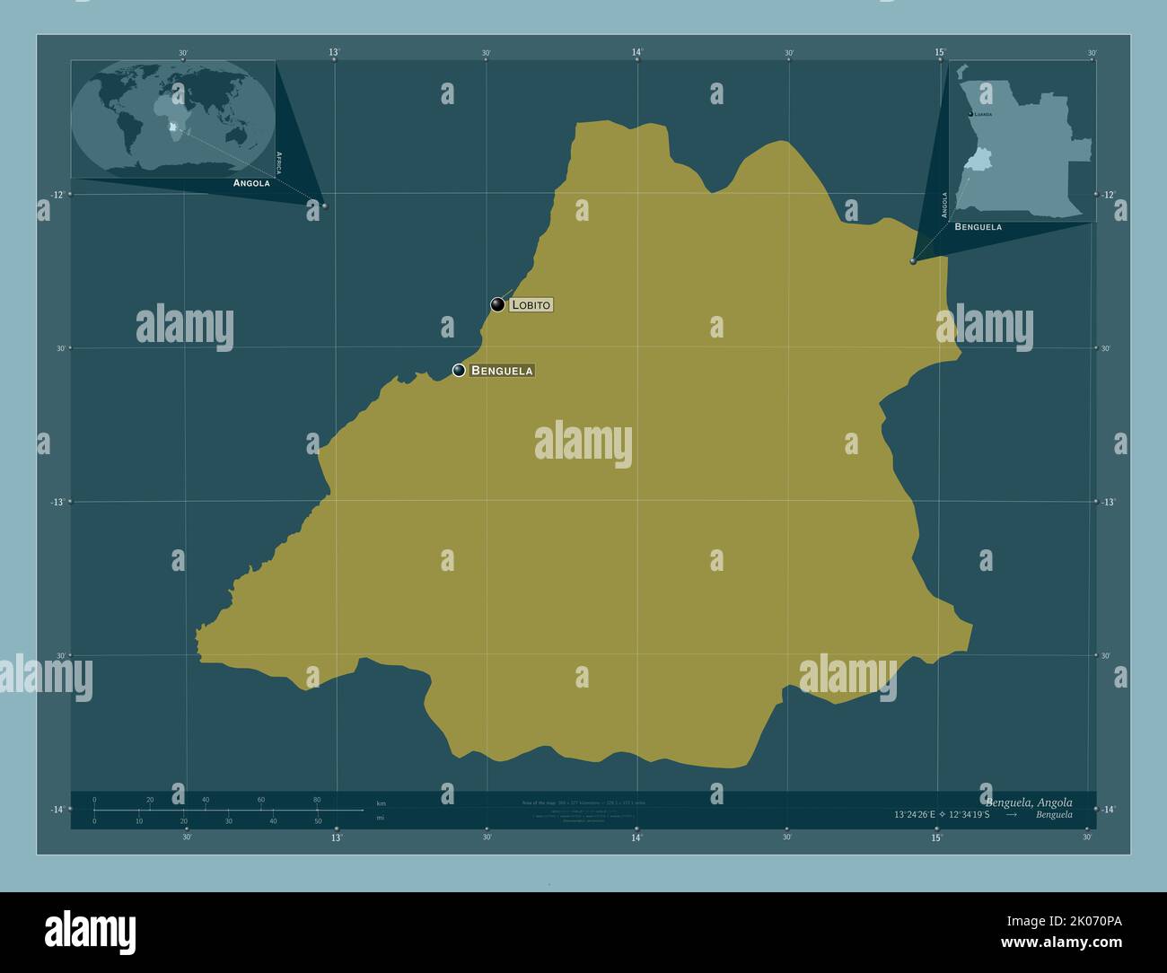 Benguela, province of Angola. Solid color shape. Locations and names of ...