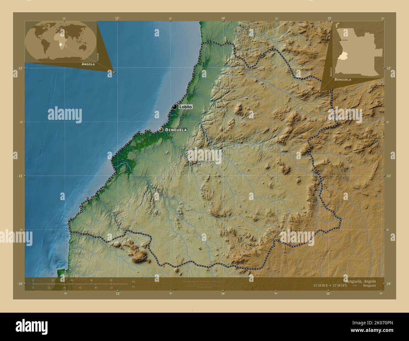 Benguela, province of Angola. Colored elevation map with lakes and rivers. Locations and names ...