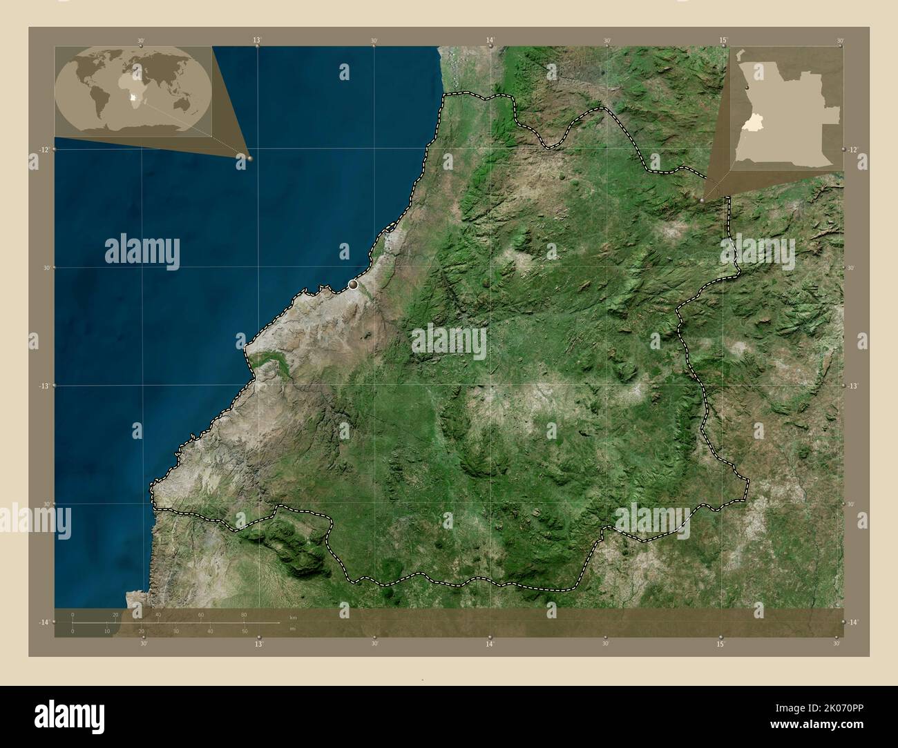 Benguela, province of Angola. High resolution satellite map. Corner ...