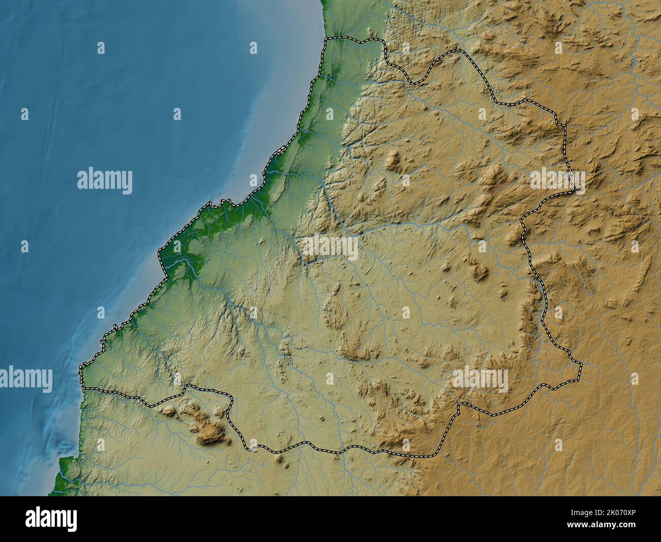 Benguela, province of Angola. Colored elevation map with lakes and ...