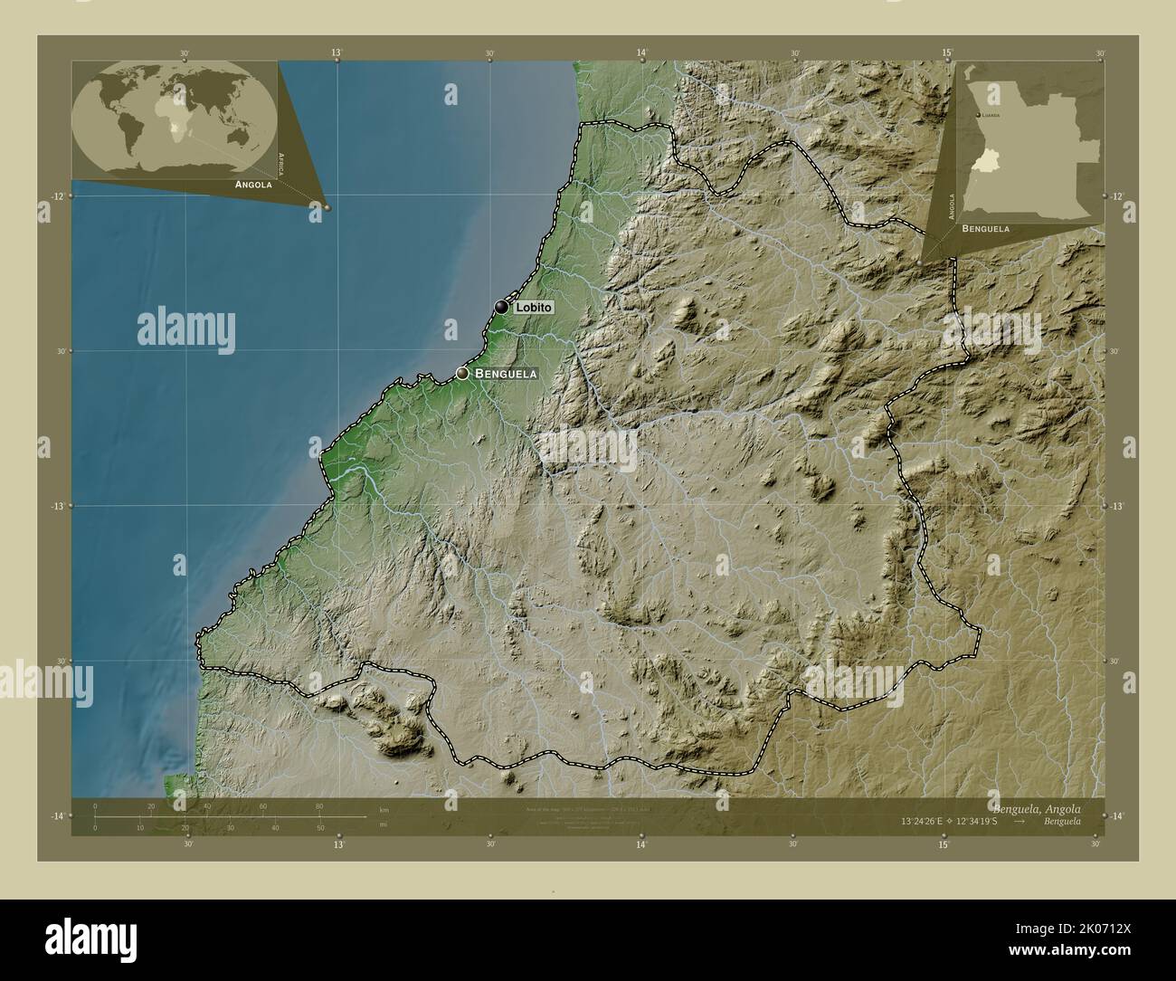 Benguela, province of Angola. Elevation map colored in wiki style with ...