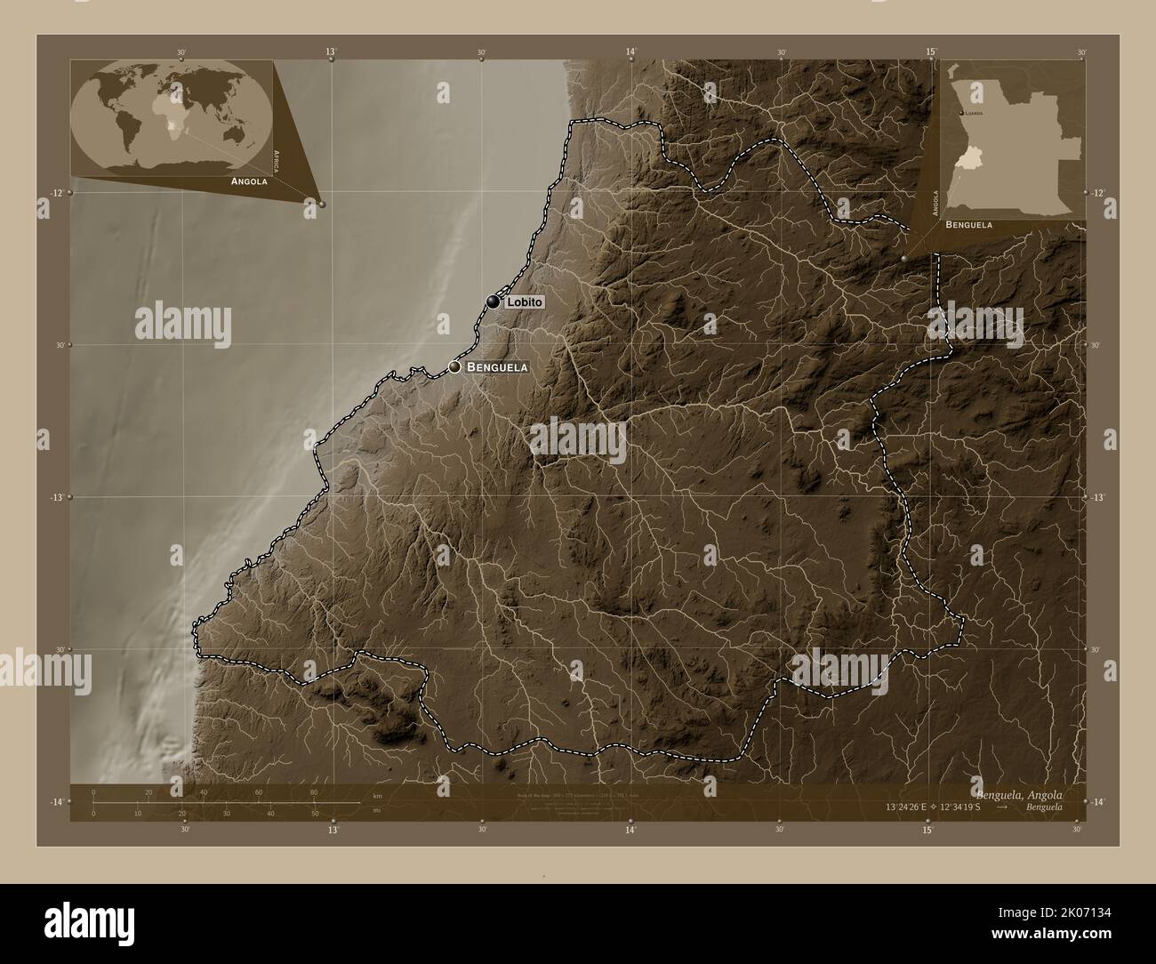 Benguela, province of Angola. Elevation map colored in sepia tones with lakes and rivers ...