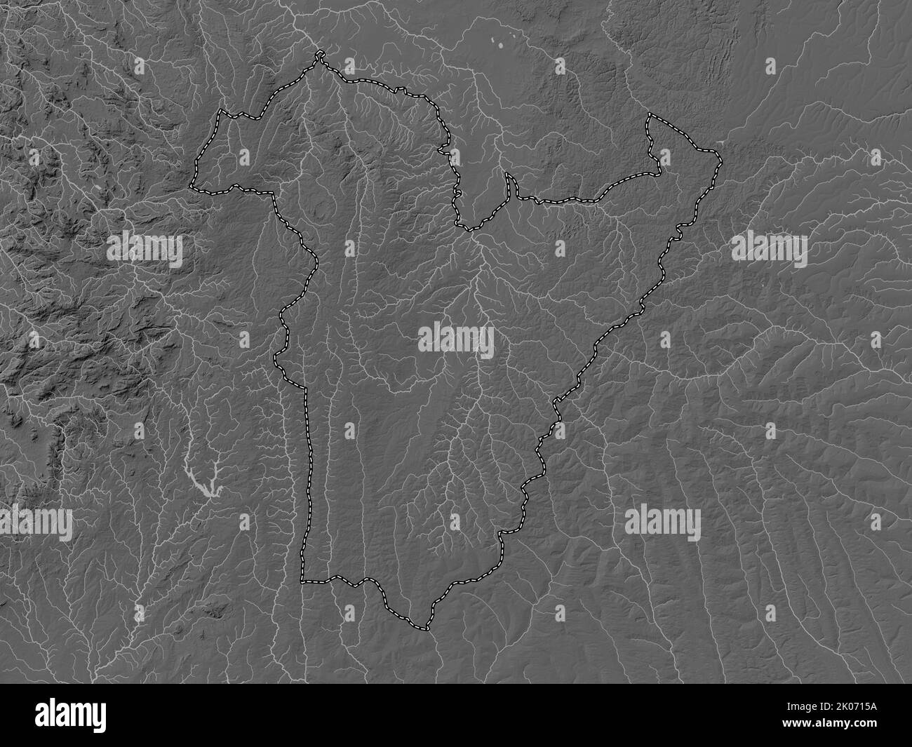 Bie, province of Angola. Grayscale elevation map with lakes and rivers ...
