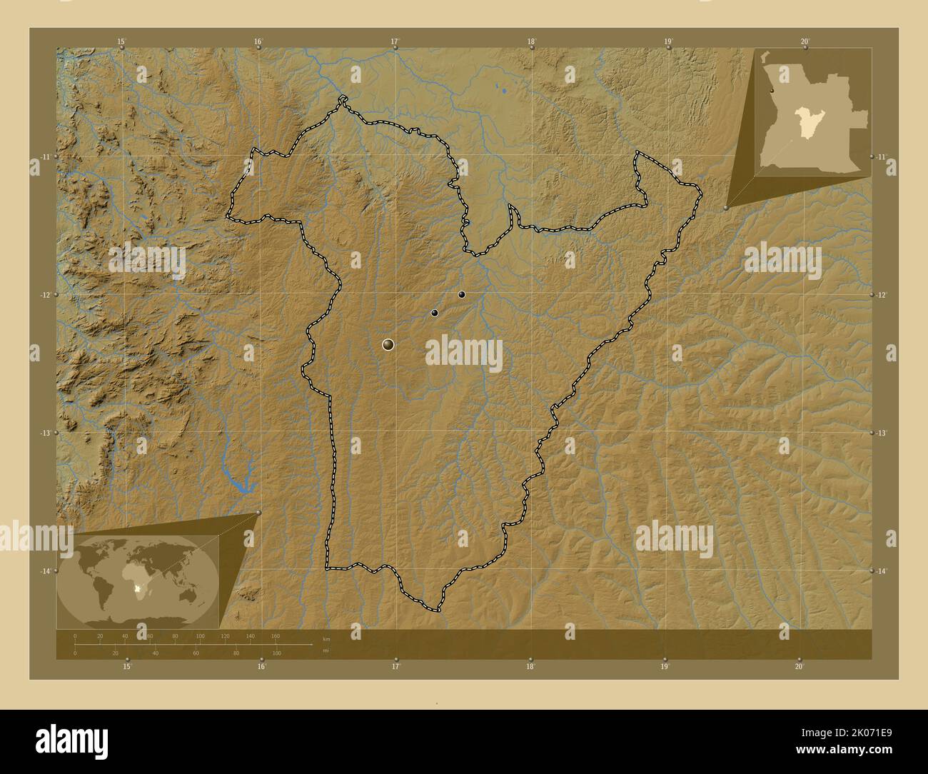 Bie, province of Angola. Colored elevation map with lakes and rivers ...