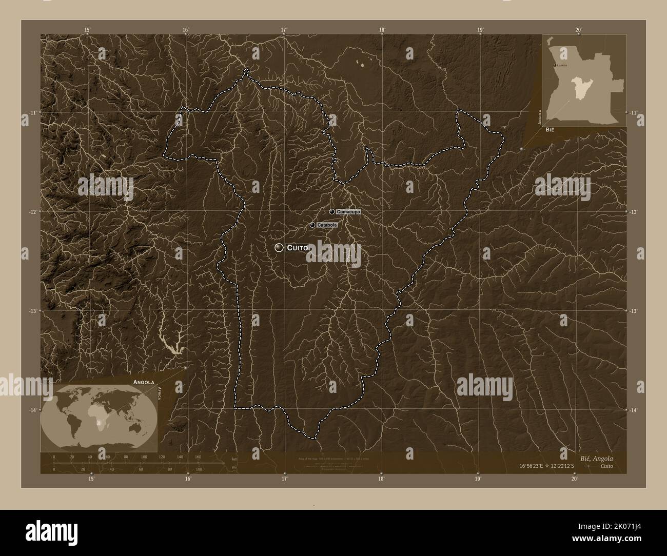 Bie, province of Angola. Elevation map colored in sepia tones with lakes and rivers. Locations ...