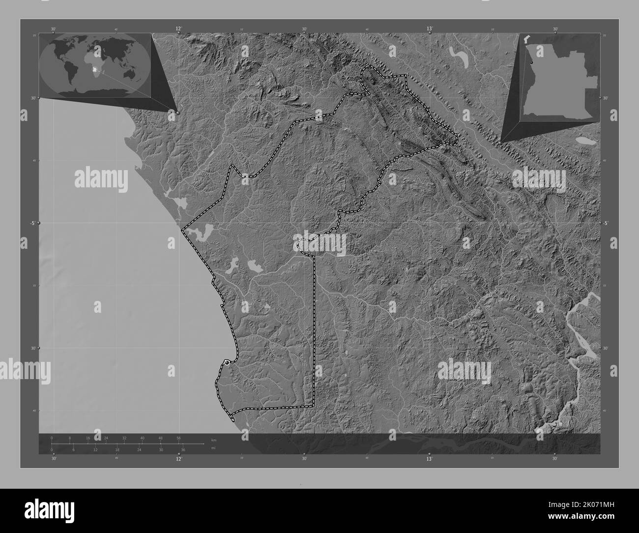 Cabinda, province of Angola. Bilevel elevation map with lakes and ...