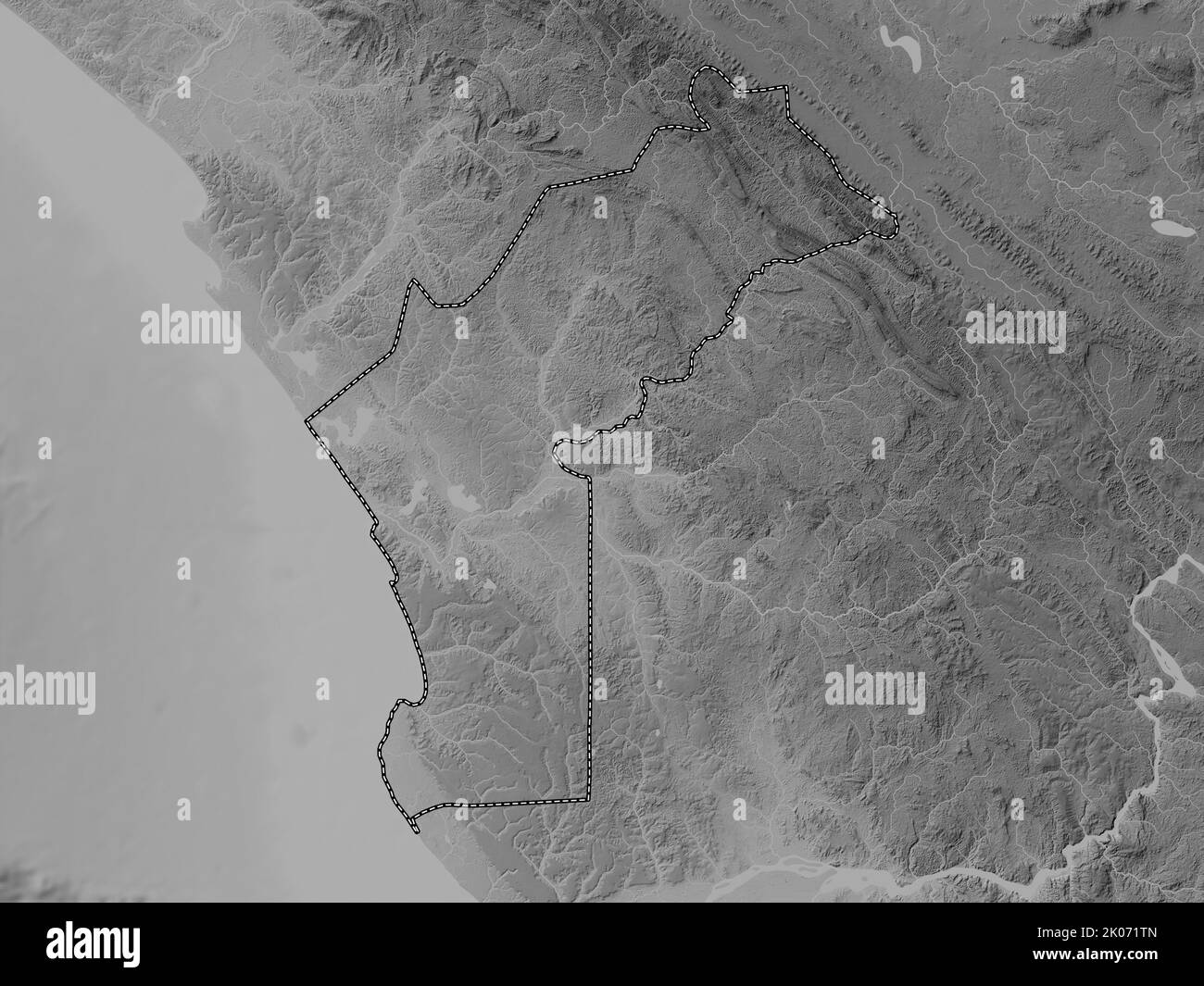 Cabinda, province of Angola. Grayscale elevation map with lakes and ...