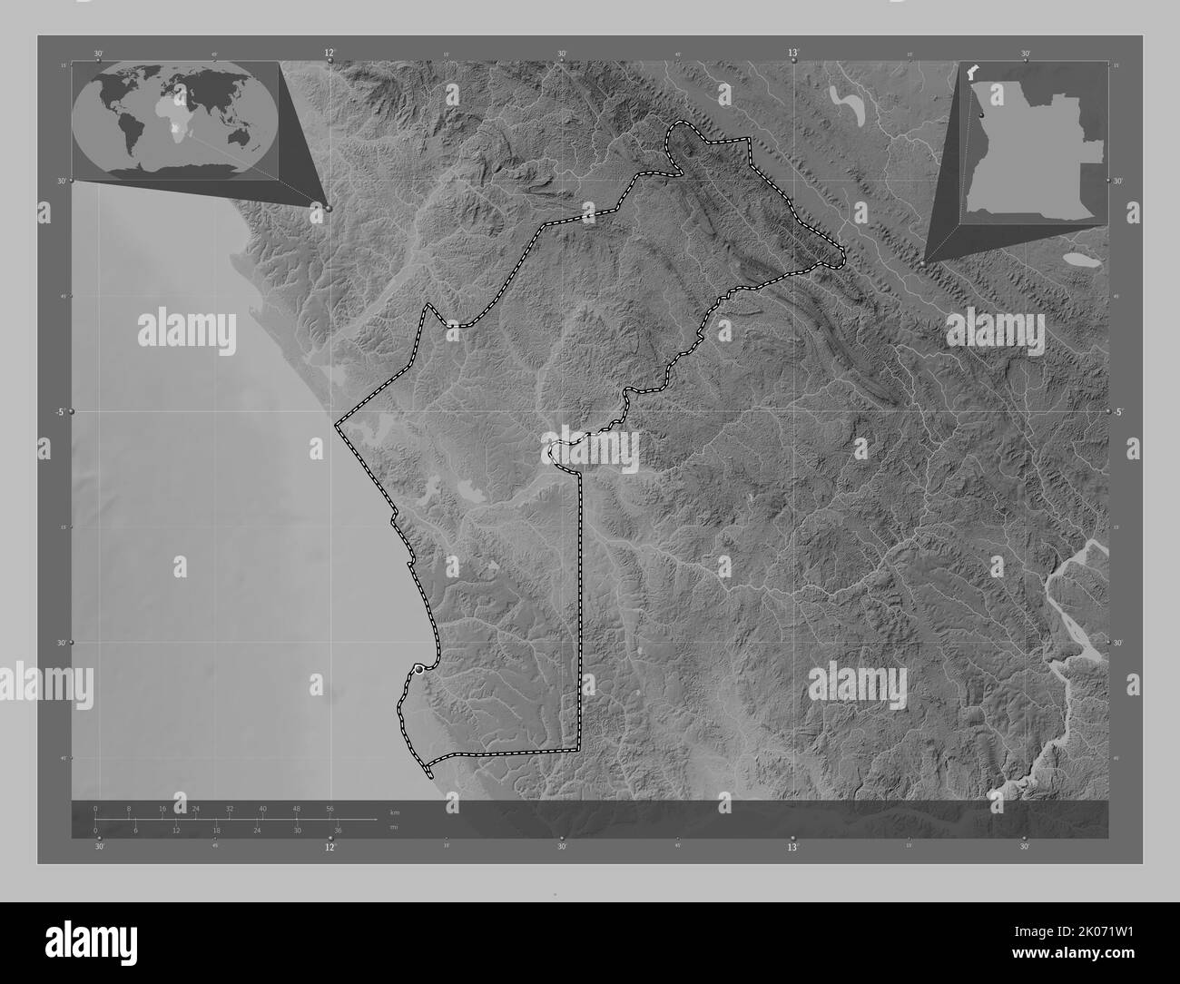 Cabinda, province of Angola. Grayscale elevation map with lakes and ...