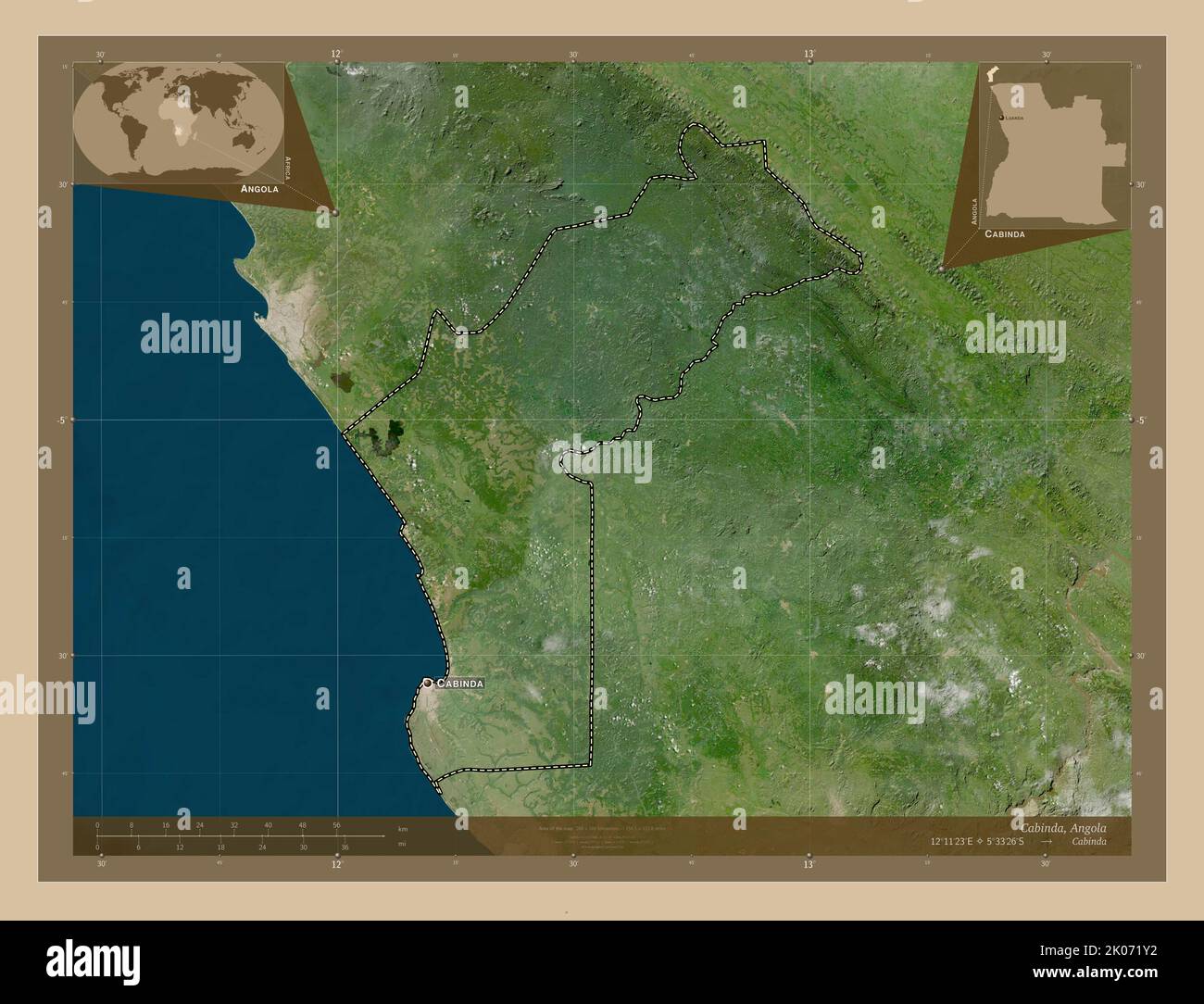 Cabinda, province of Angola. Low resolution satellite map. Locations ...