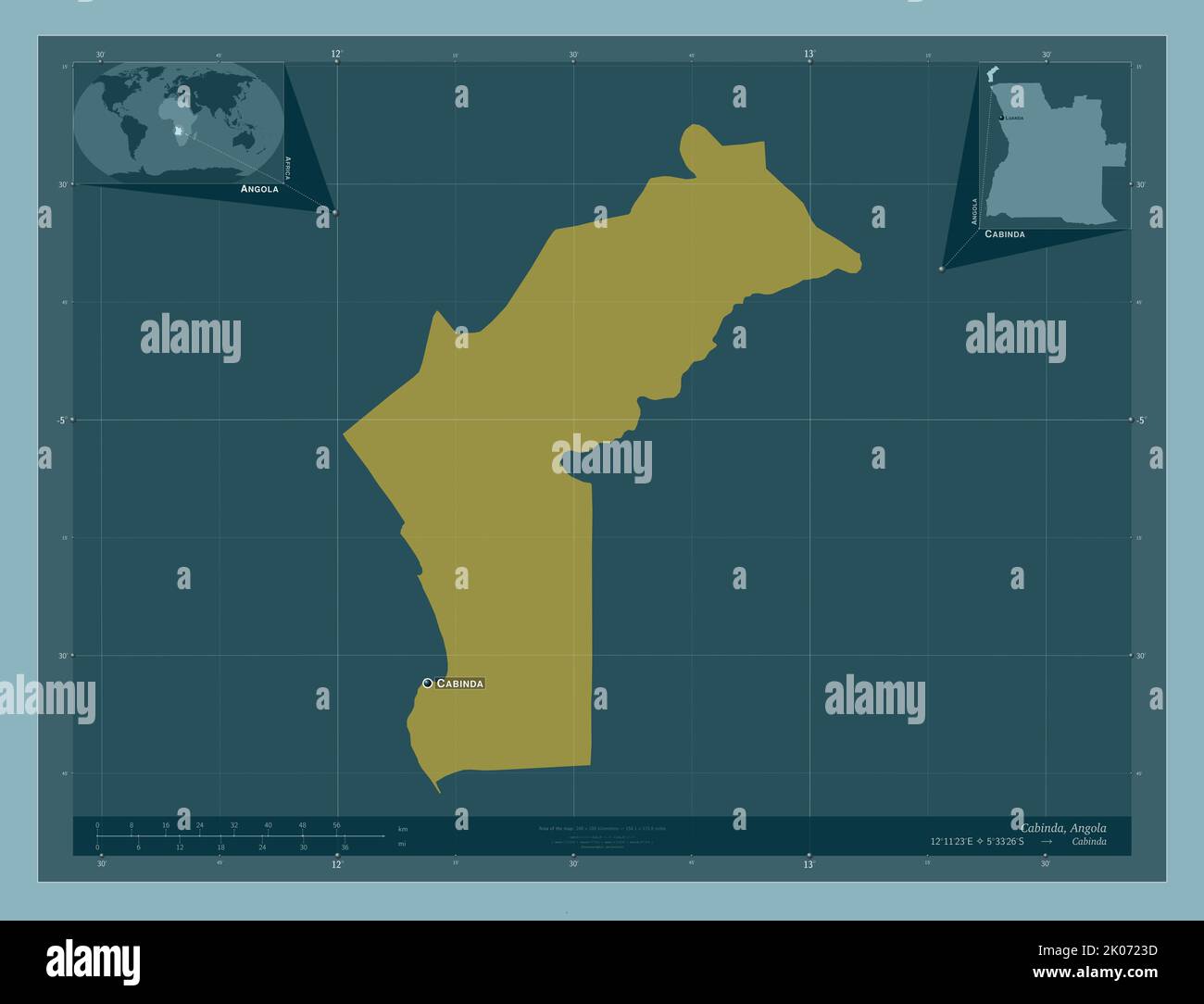 Cabinda, province of Angola. Solid color shape. Locations and names of ...