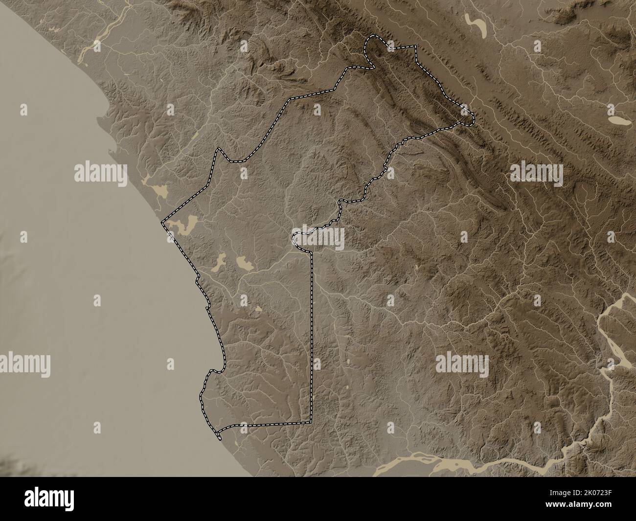 Cabinda, province of Angola. Elevation map colored in sepia tones with lakes and rivers Stock ...