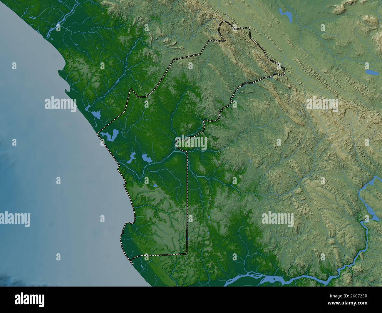 Cabinda, province of Angola. Colored elevation map with lakes and ...