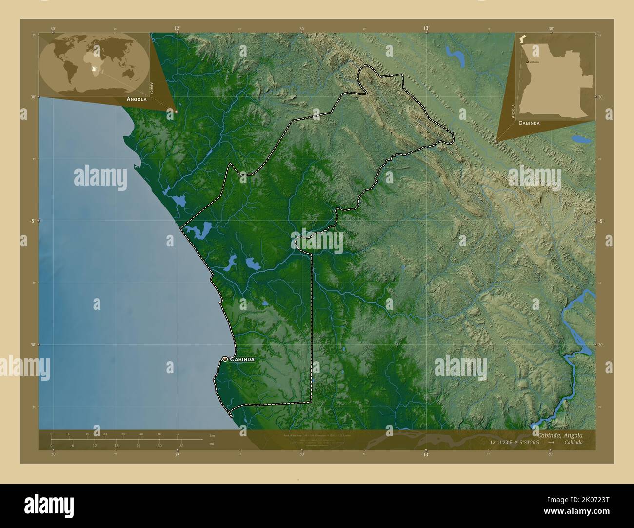 Cabinda, province of Angola. Colored elevation map with lakes and rivers. Locations and names of ...