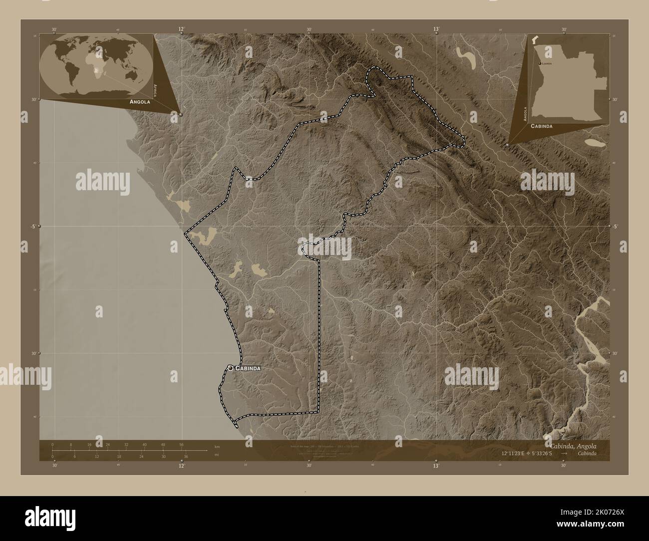 Cabinda, province of Angola. Elevation map colored in sepia tones with ...