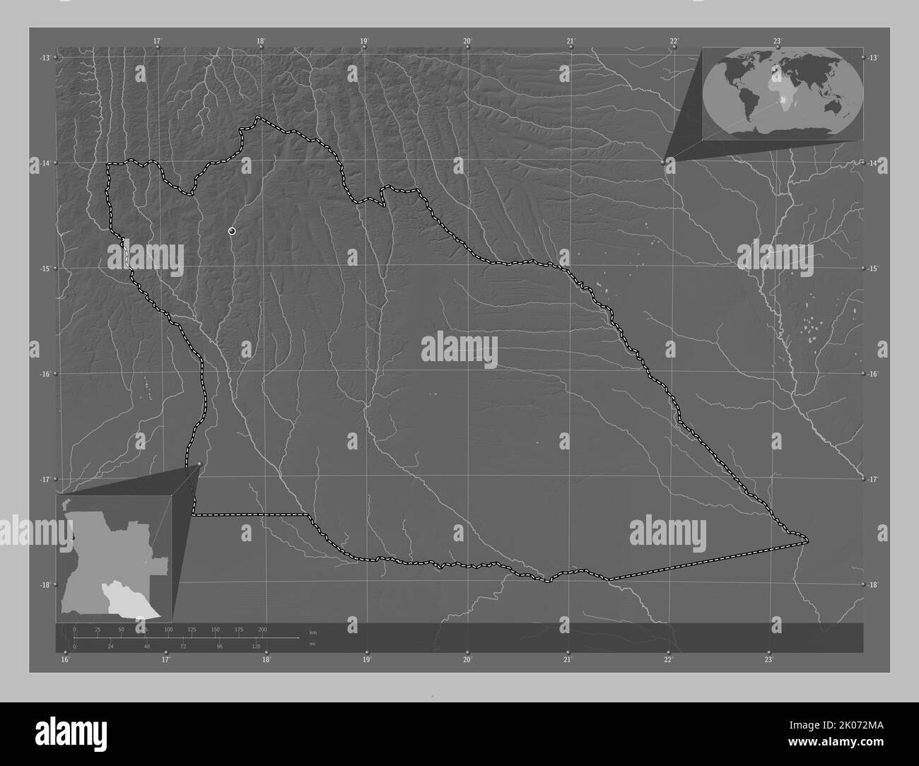 Cuando Cubango, province of Angola. Grayscale elevation map with lakes ...
