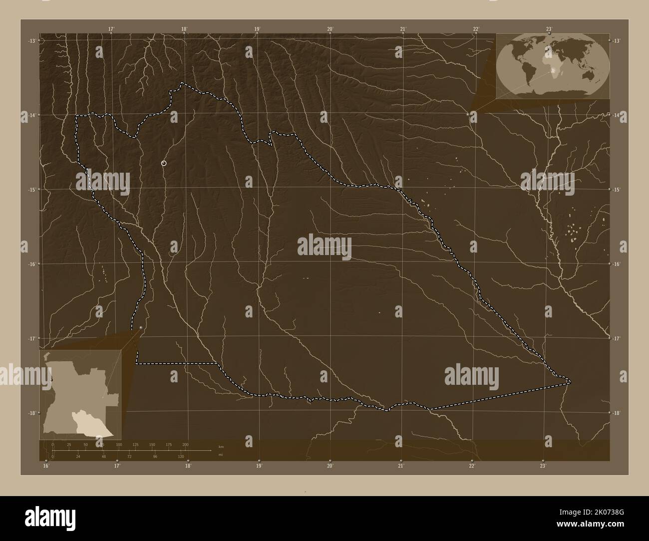 Cuando Cubango, province of Angola. Elevation map colored in sepia ...